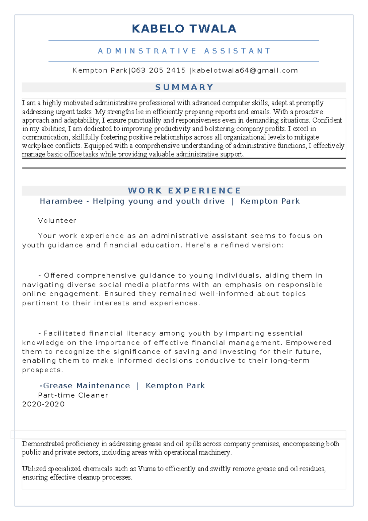 Kabelo Twala CV - KABELO TWALA A D M I N S T R A T I V E A S S I S T A N T Kempton Park |063 205 ...