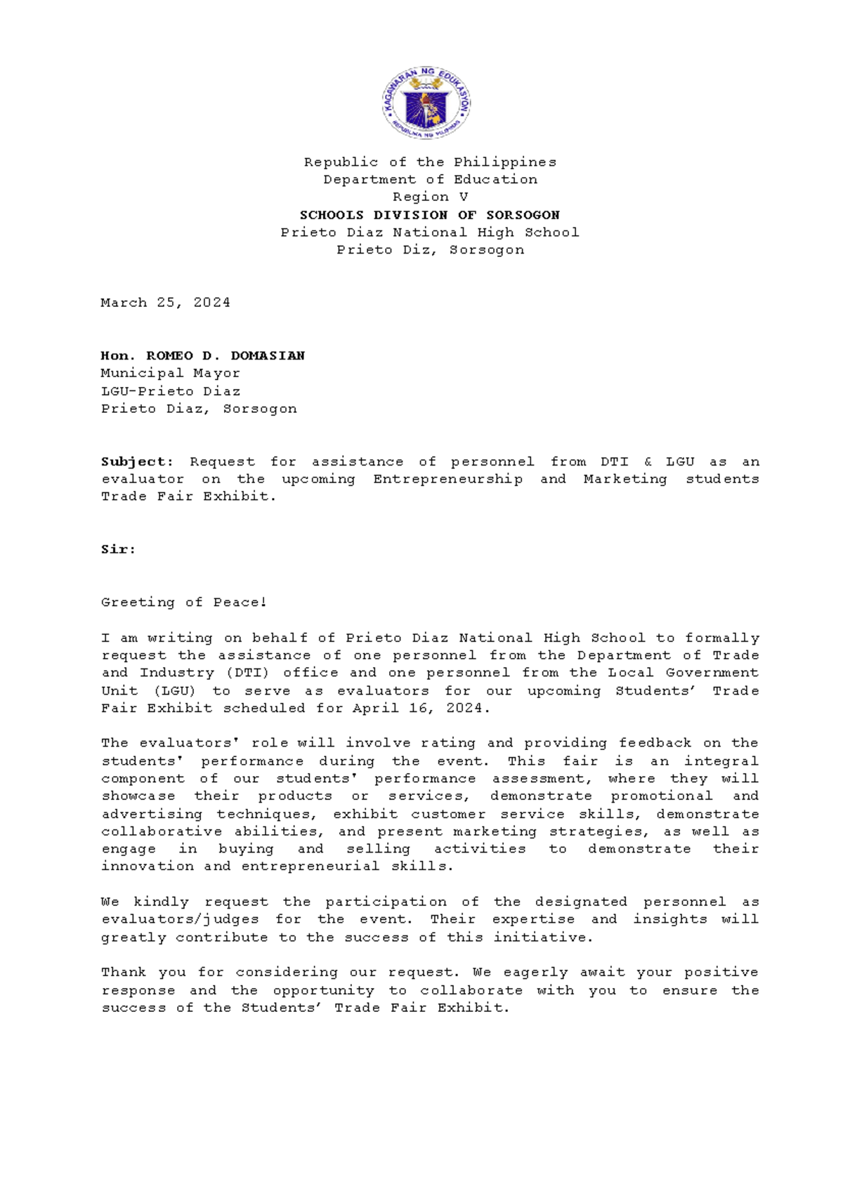 Proposal letter - Republic of the Philippines Department of Education ...