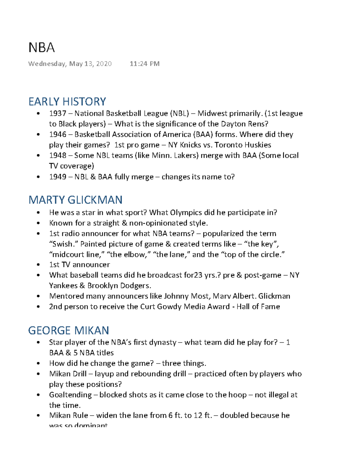 NBA - Lecture notes 1 - EARLY HISTORY 1937 – National Basketball League ...