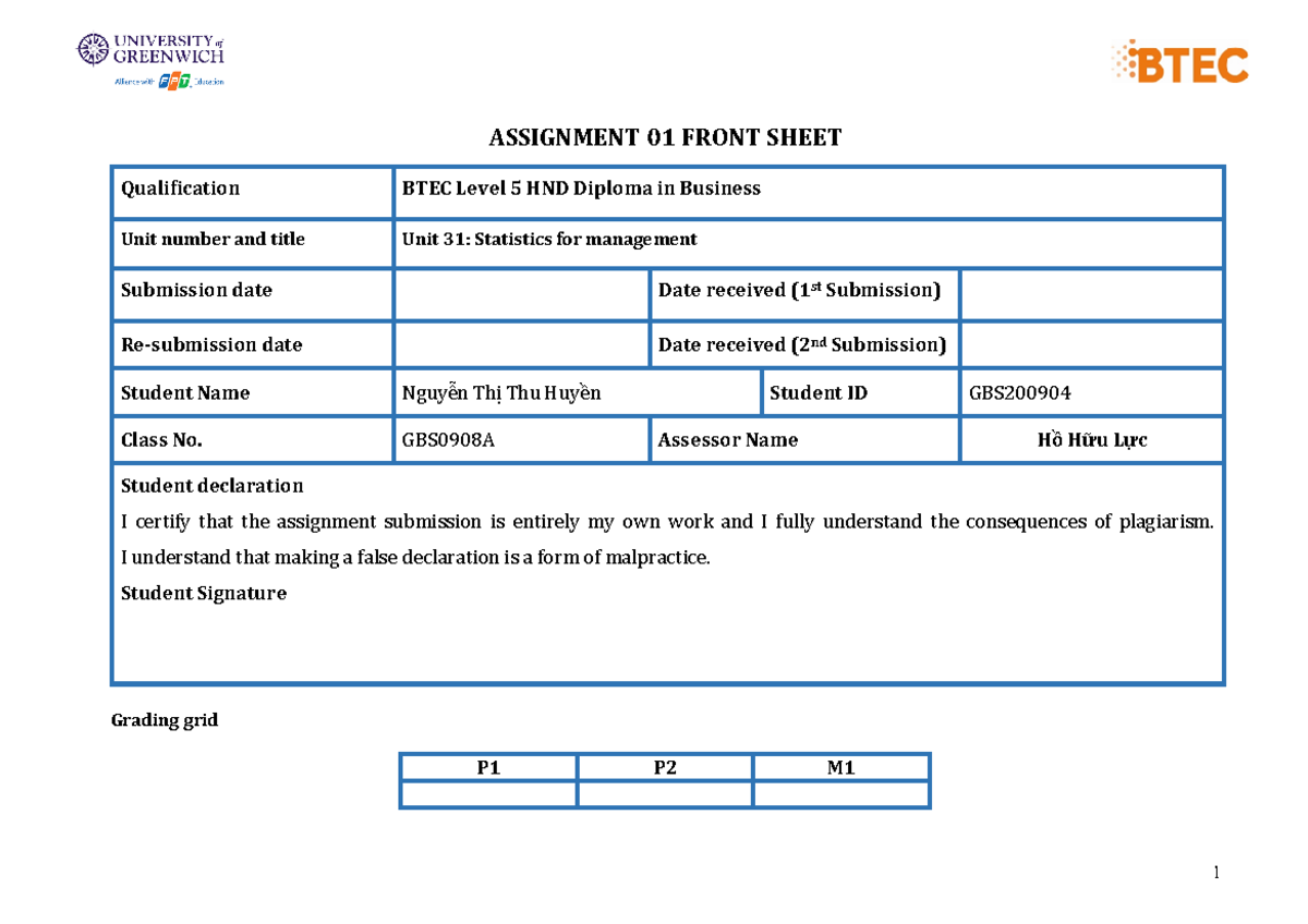 570-ASM1-BTEC Level 5 HND Diploma in Business - ASSIGNMENT 01 FRONT ...