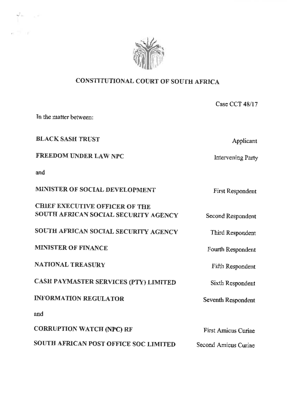 Black Sash case - Case law - Neutral citation: Black Sash Trust v ...