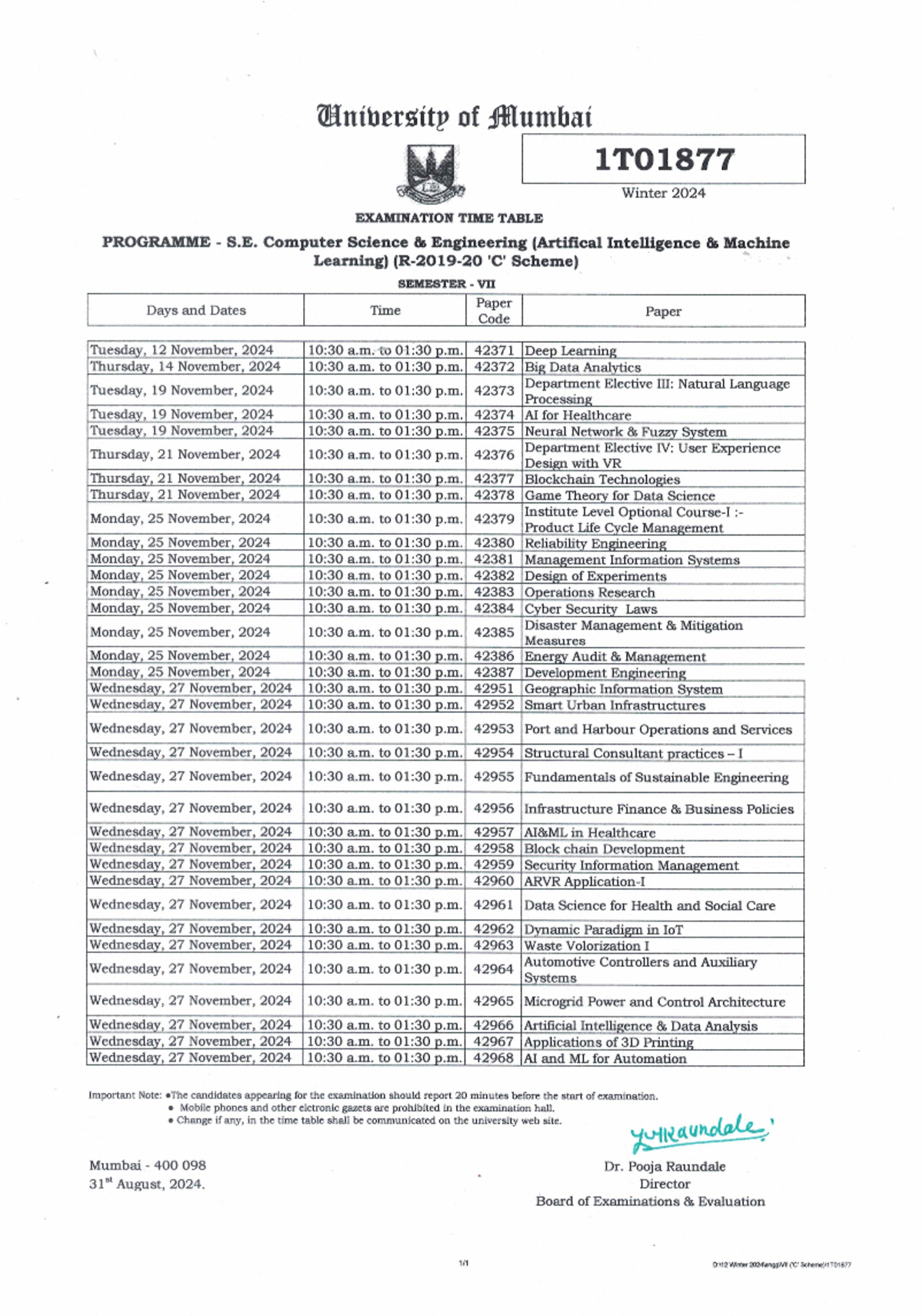 1T01877- CSE AIML - this is the tt for winter exam 2024 be sem 7 cse ...