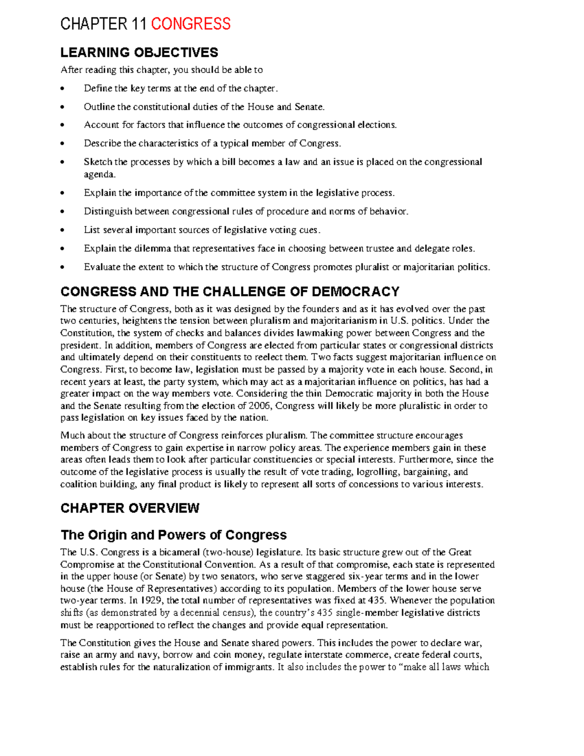Ch11 Congress Exam - Political Thinking - CHAPTER 11 CONGRESS LEARNING ...