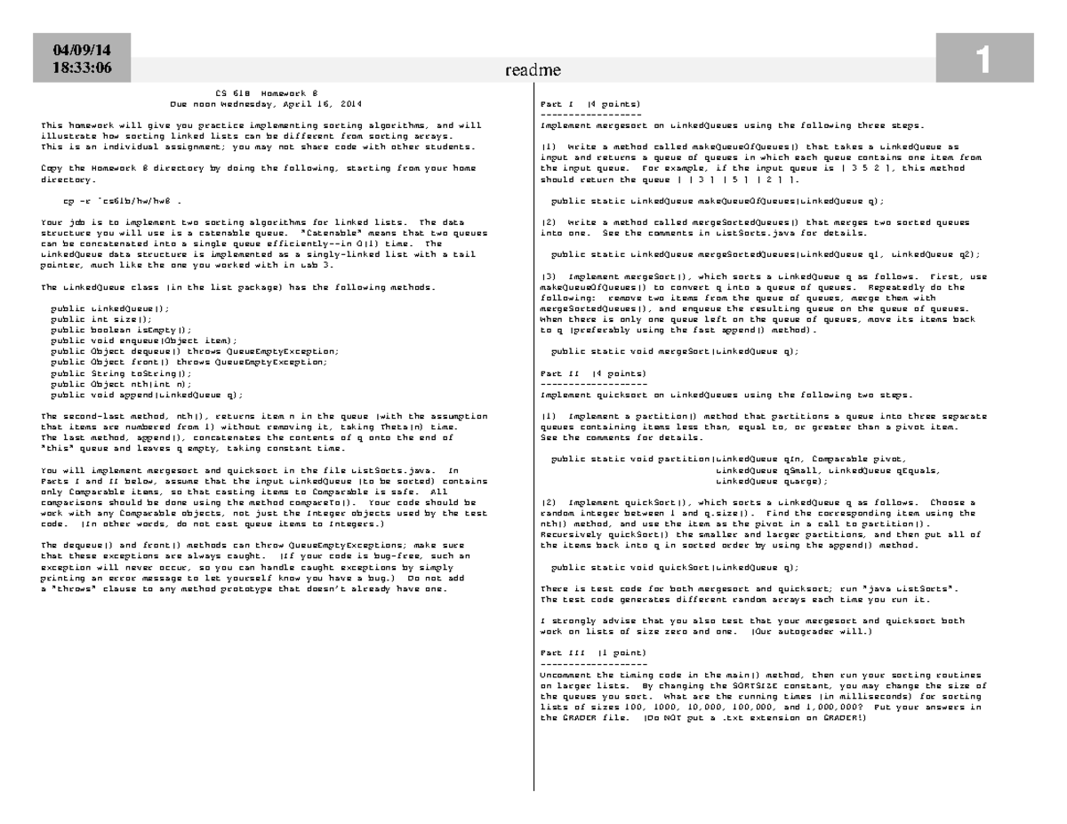 Readme - 04/09/ 18:33:06 readme 1 CS 61B Homework 8 Due noon Wednesday ...