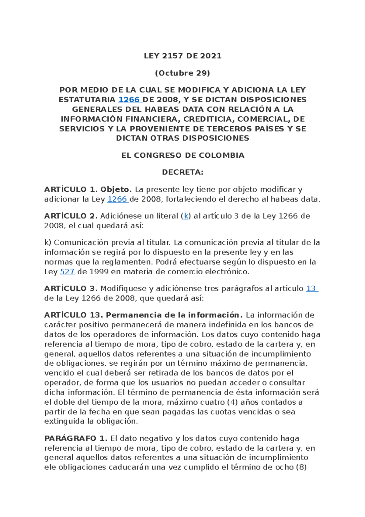 LEY 2157 DE 2021 Caducidad DE LA Obligacion - LEY 2157 DE 2021 (Octubre ...