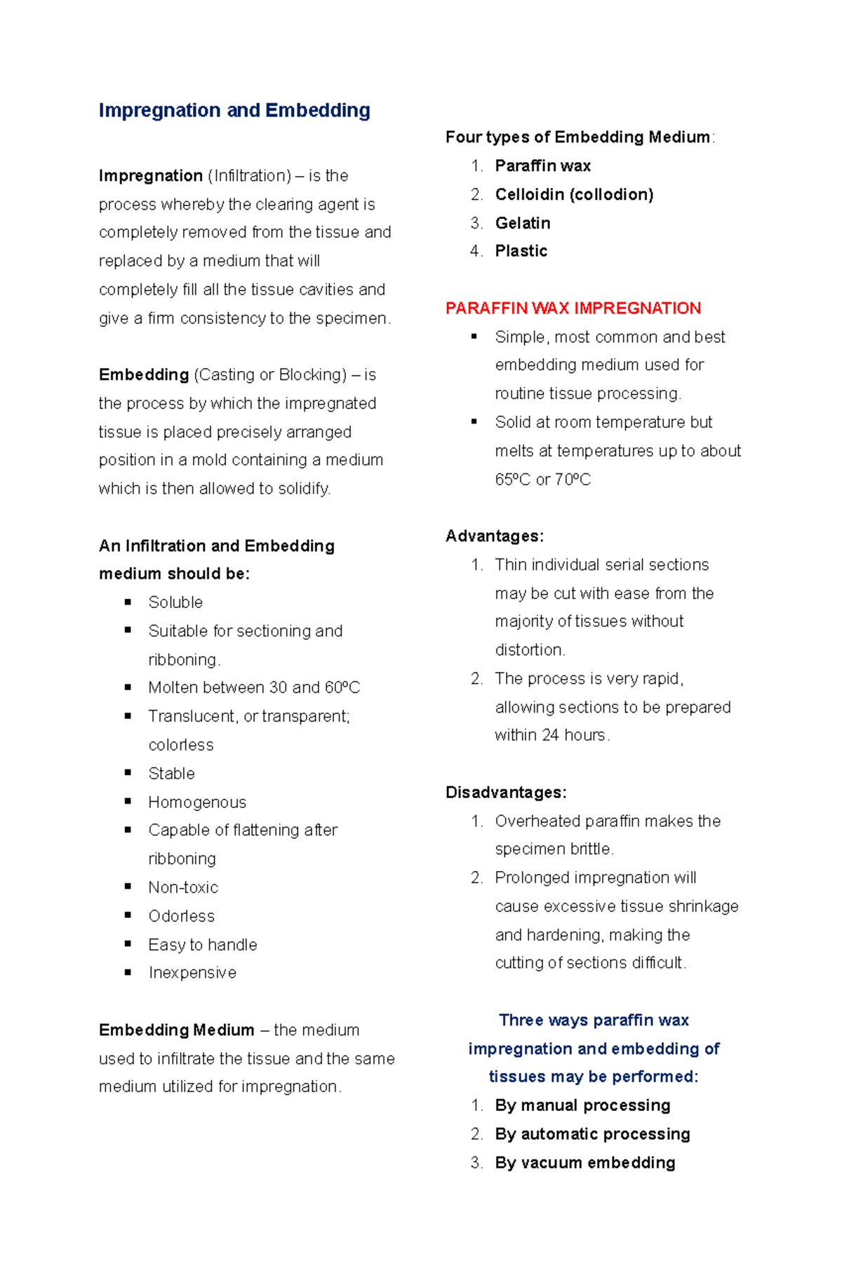 Impregnation and Embedding - Microtomy Summary Notes - Impregnation and ...