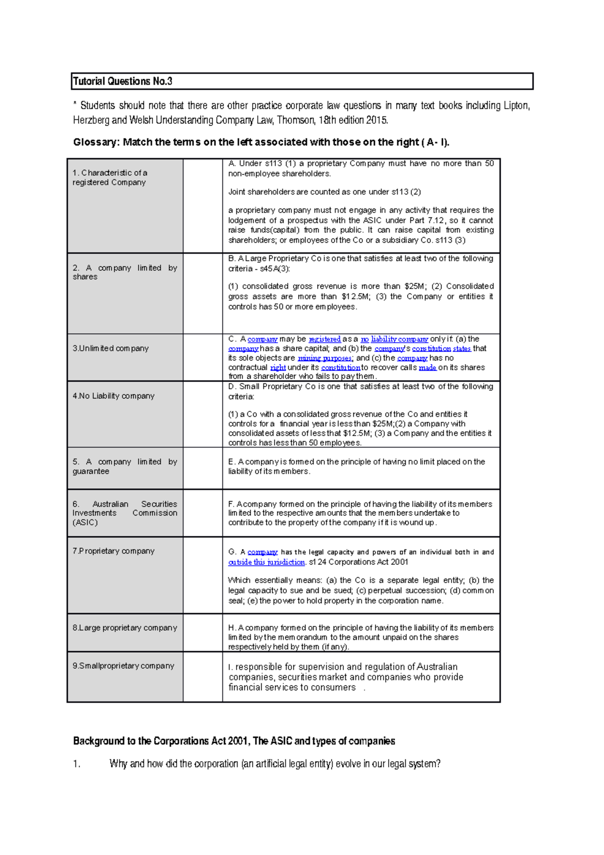 Tutorial Week 3 - Tutorial Questions No * Students should note that ...