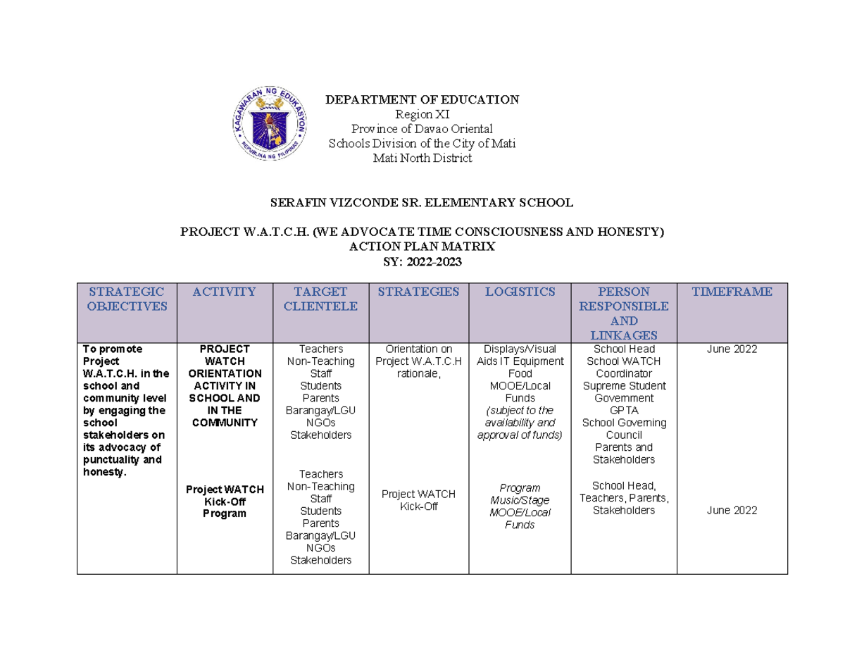 Watch Action PLAN Serafin Vizconde Elementary School 3 - DEPARTMENT OF ...