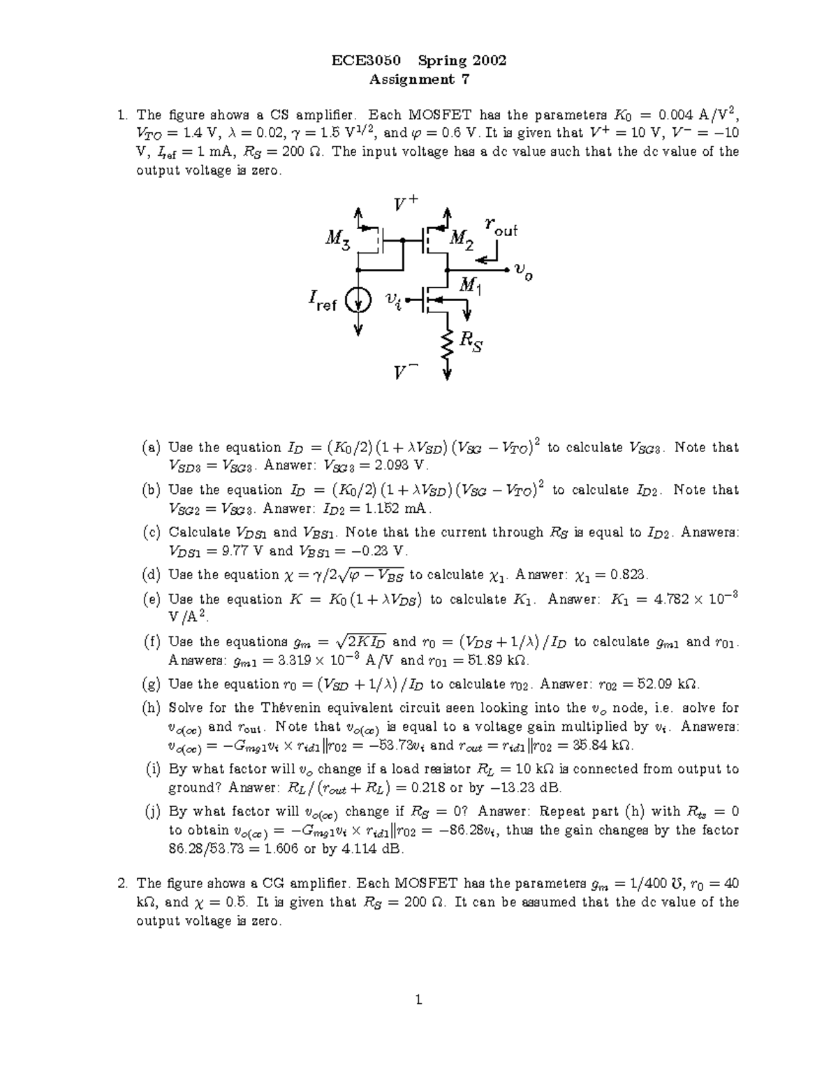 Hw7 - Exam Practice - ECE3050 Spring 2002 Assignment 7 The figure shows a CS amplifier. Each ...