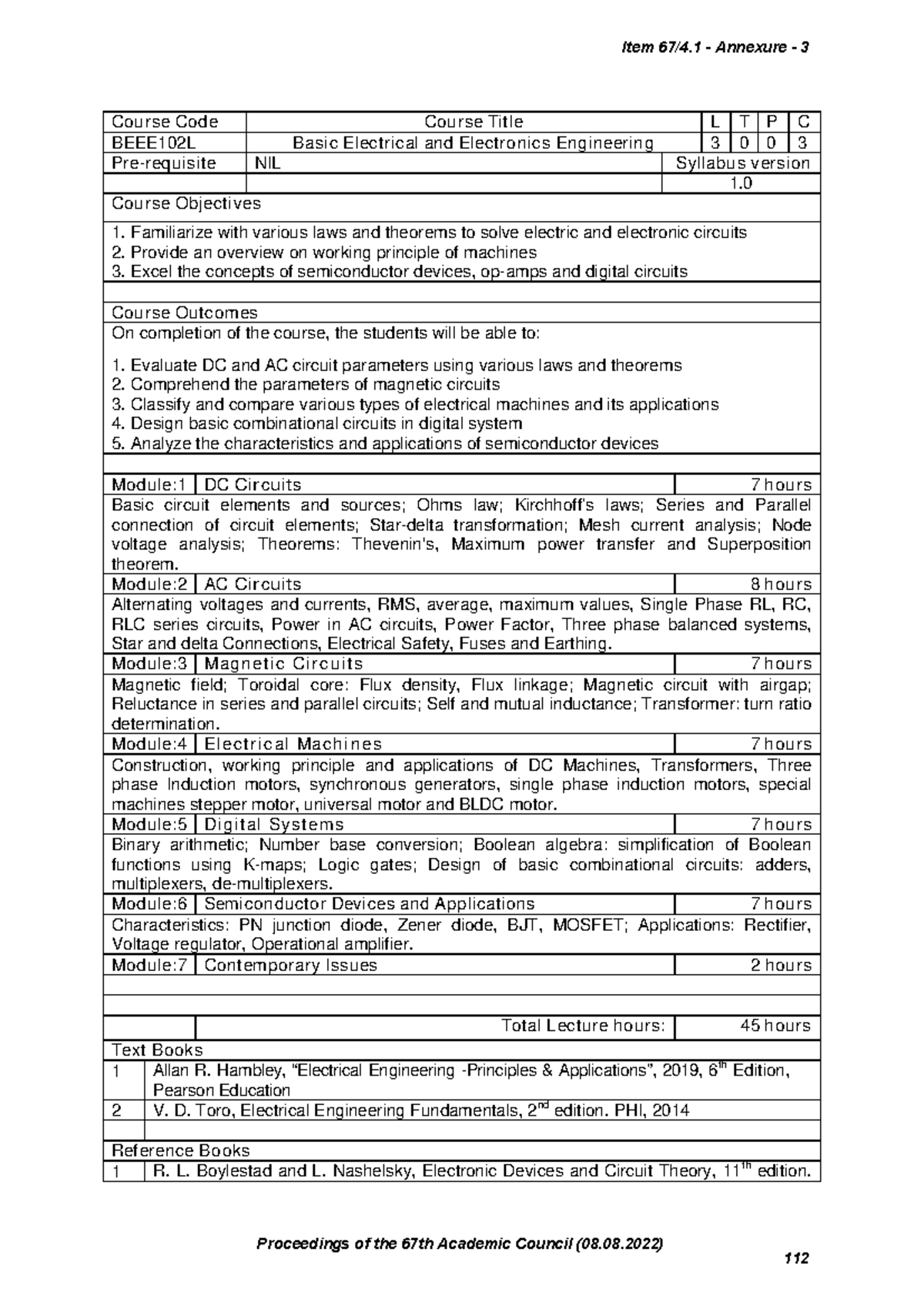 BEEE102L Basic- Electrical-AND- Electronics- Engineering TH 1 - Course Code Course Title L T P C ...
