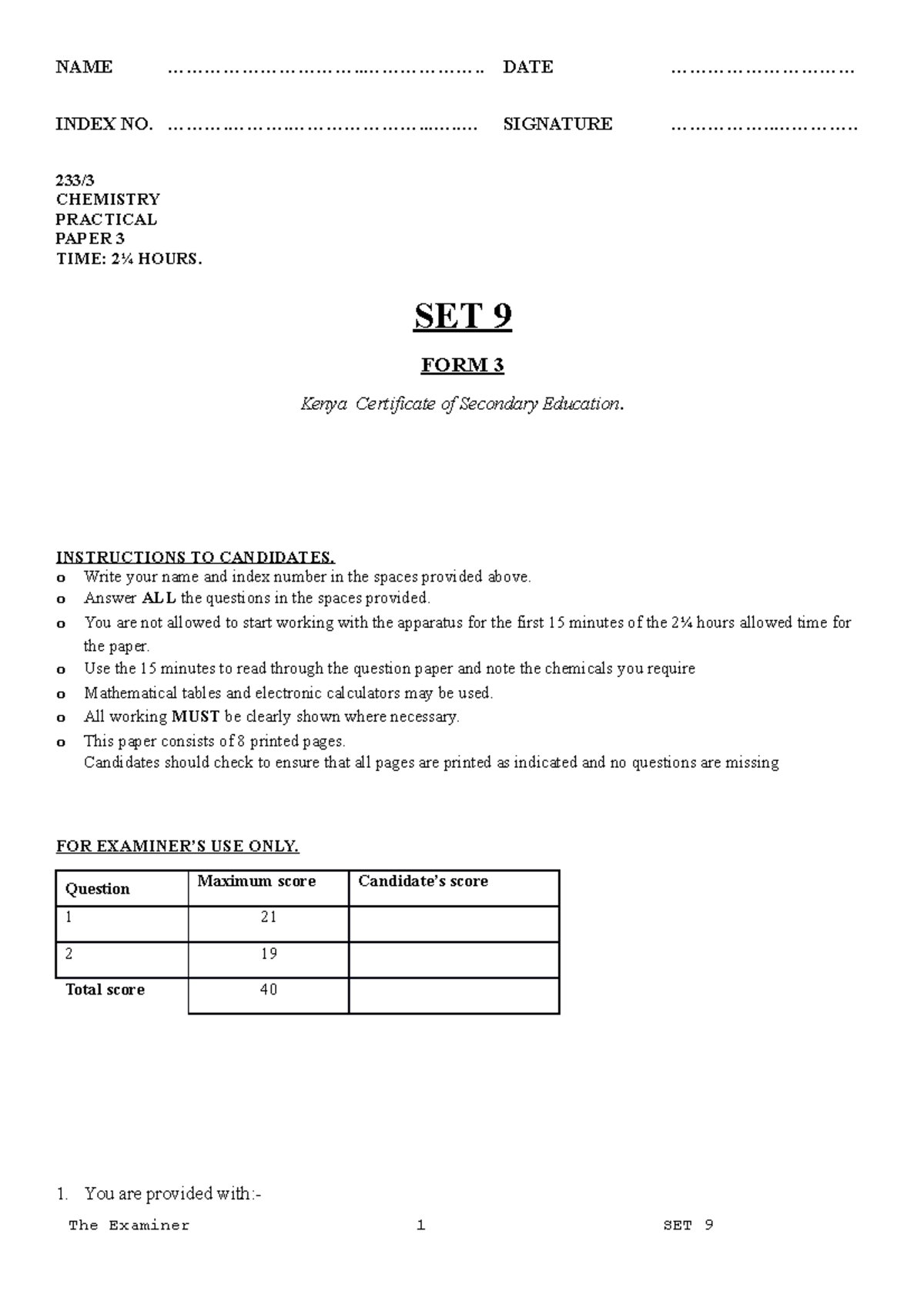 CHEM P3 SET 9 - It will guide you well - NAME