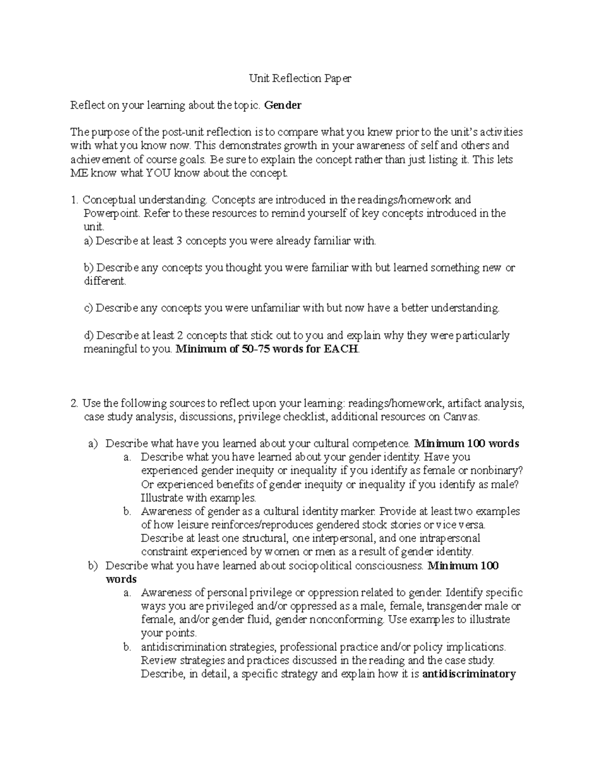 2021-10-26 - Post Unit Reflection Paper.Gender - Unit Reflection Paper ...