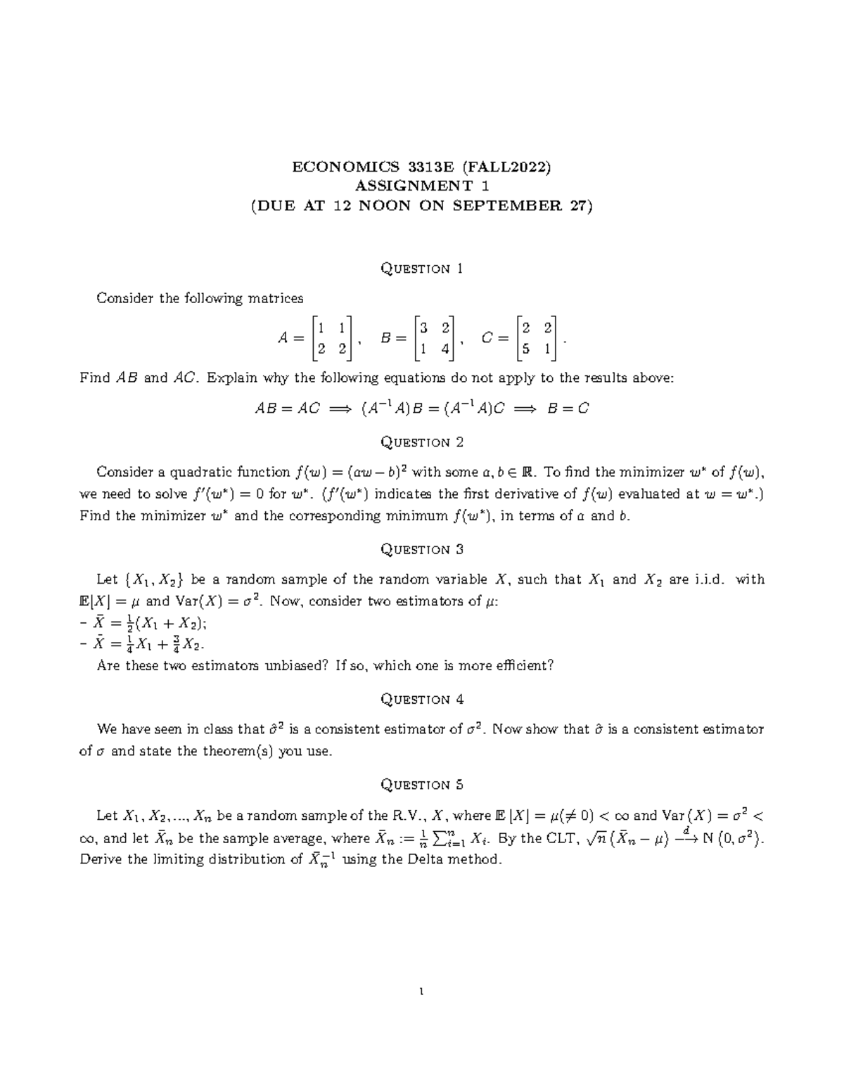 Assignment 1- ECON 3313e - ECONOMICS 3313E (FALL2022) ASSIGNMENT 1 (DUE ...