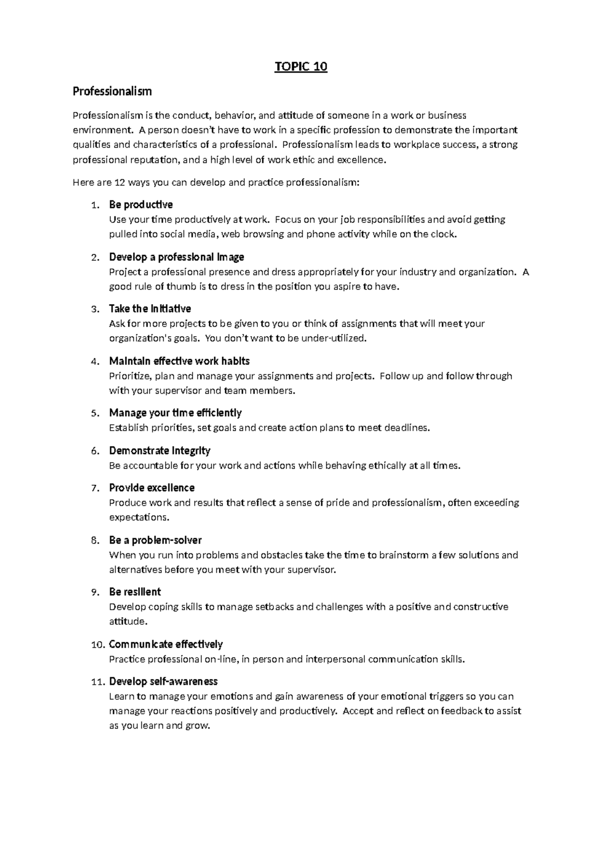 Additional Material Topic 10 - TOPIC 10 Professionalism Professionalism ...