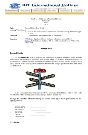 MIL Q1 M5 - Media - Media and Information Literacy Quarter 1 – Module 5: Types Of Media (Print ...