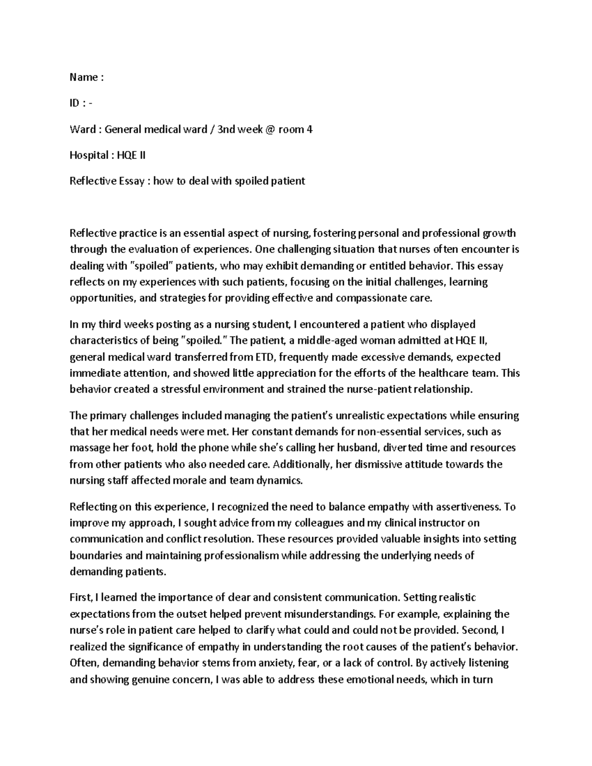 Reflection (HQE II) 3rd week - Name : ID : - Ward : General medical ...