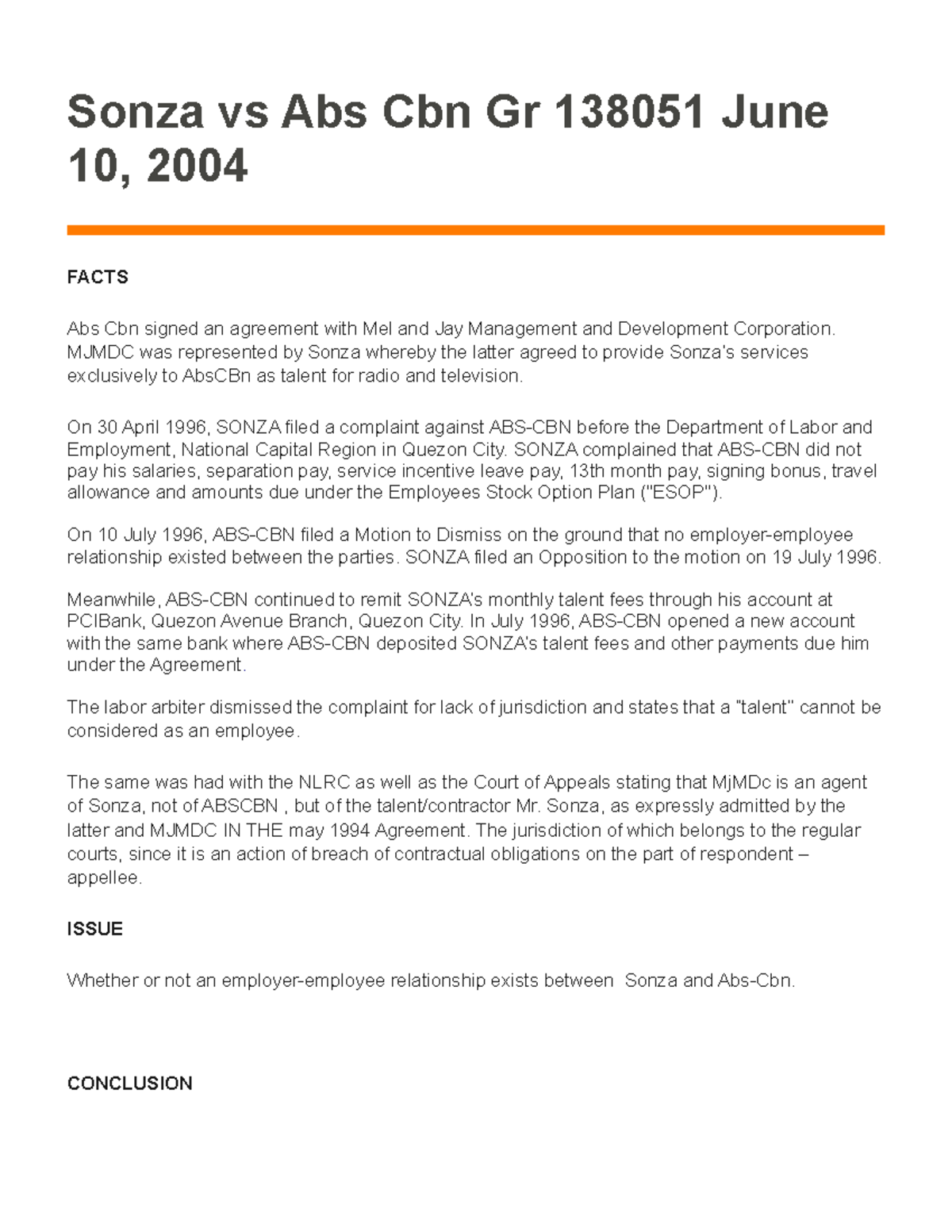 Albutra, Prince Charles Vincent-Labor Case Digest - Sonza vs Abs Cbn Gr ...