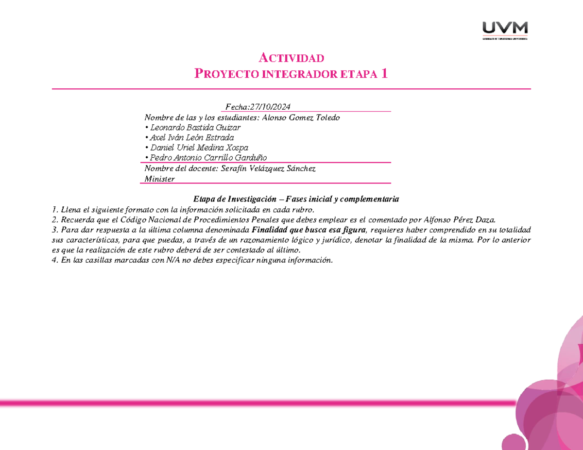 A5 Pdaal - trabajo - ACTIVIDAD PROYECTO INTEGRADOR ETAPA 1 Fecha: 27 ...
