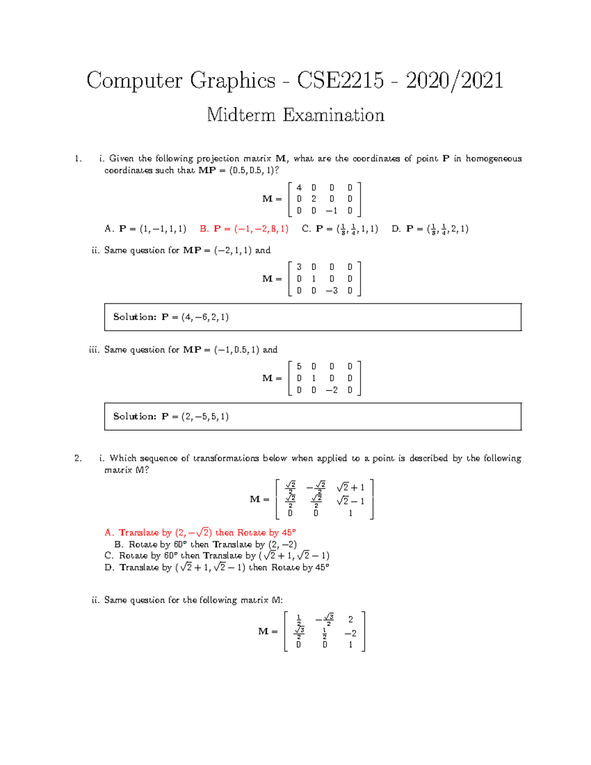 Computer Graphics Midterm 2020/2021 - Computer Graphics - CSE2215 - 2020/ Midterm Examination i ...