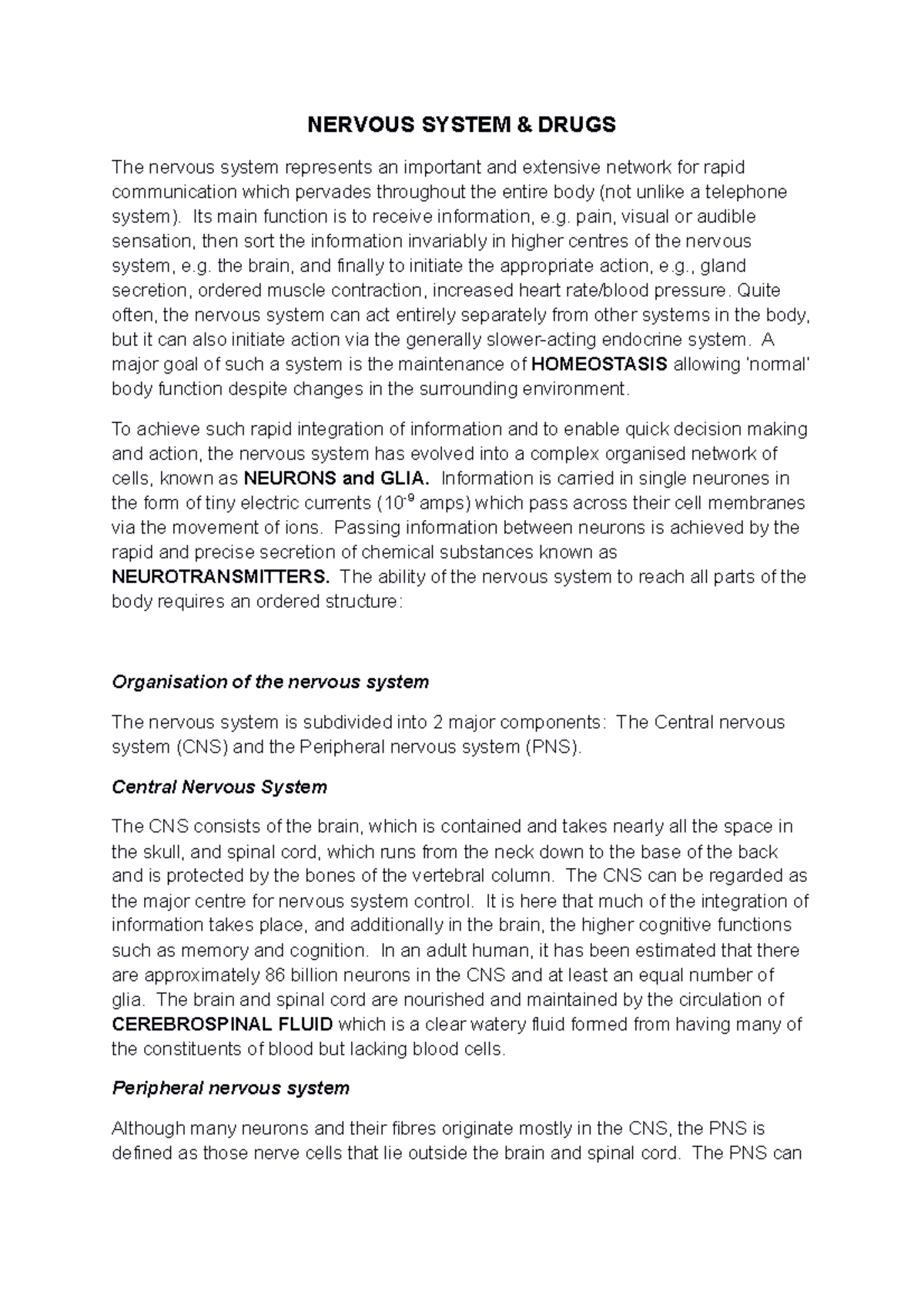 Phar0002 Nervous System background notes - NERVOUS SYSTEM & DRUGS The ...