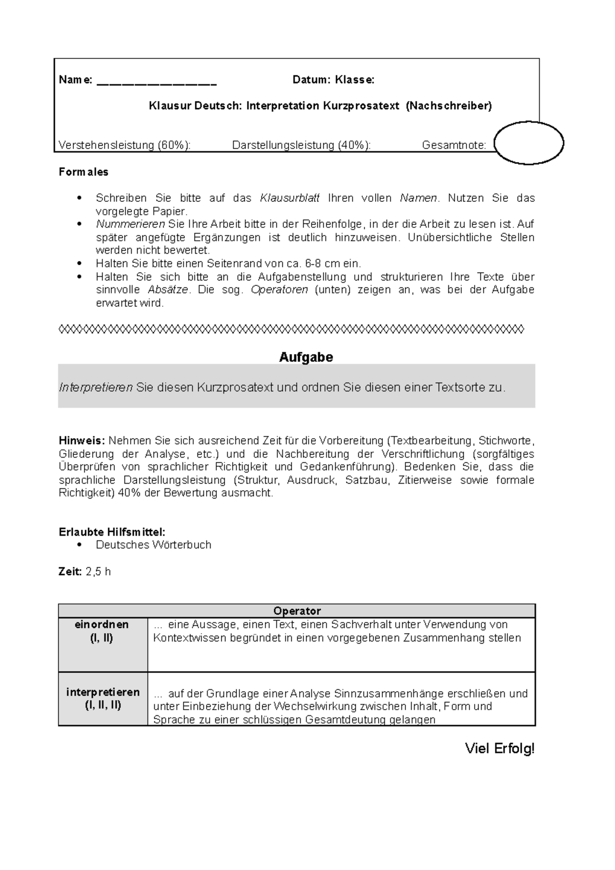 Klausur 13 Kurzprosa DIe Brücke Nachschreiber - Name ...