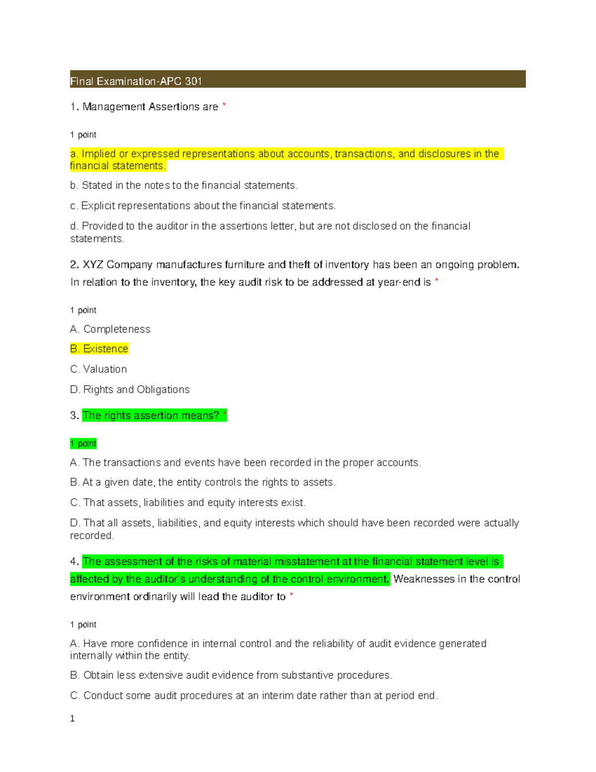 Finalton - N/A - Final Examination-APC 301 Management Assertions are ...