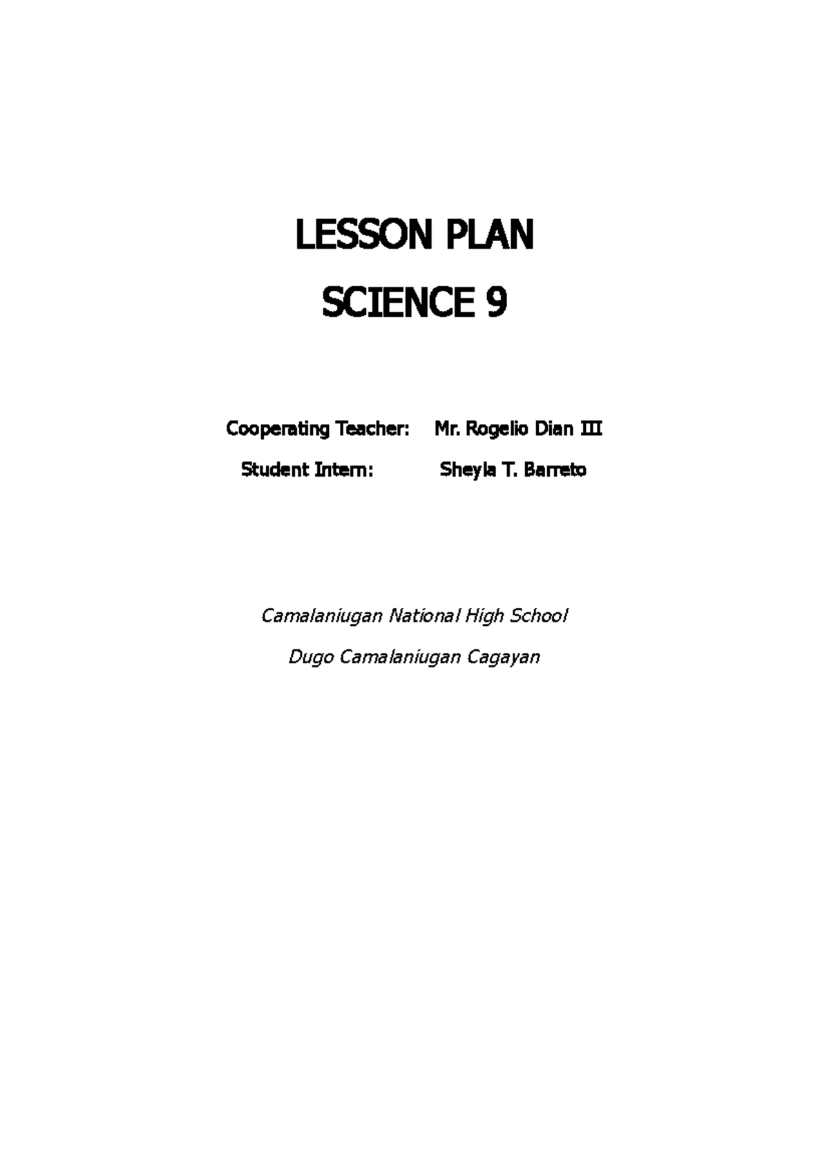 Lesson PLAN- Mole Concept - LESSON PLAN SCIENCE 9 Cooperating Teacher ...