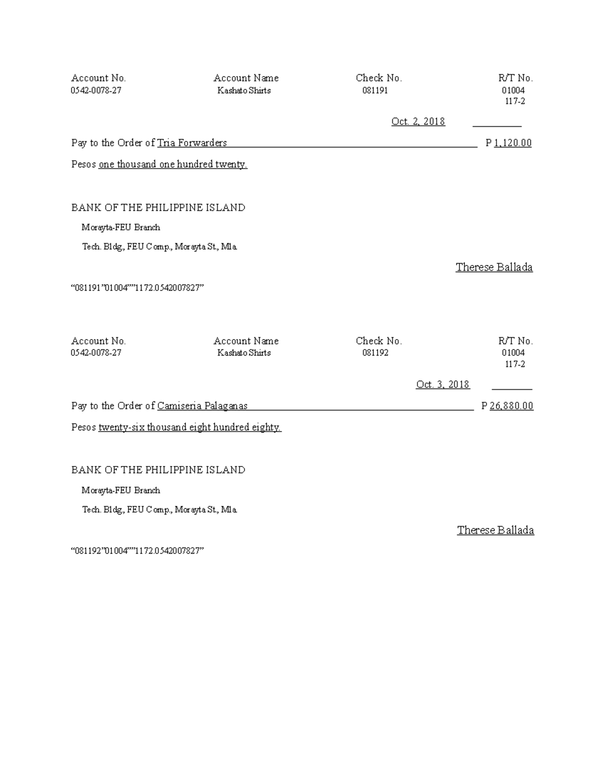 599413740 Checkbook Part 2 - 0542-0078-27 Kashato Shirts 081191 01004 ...