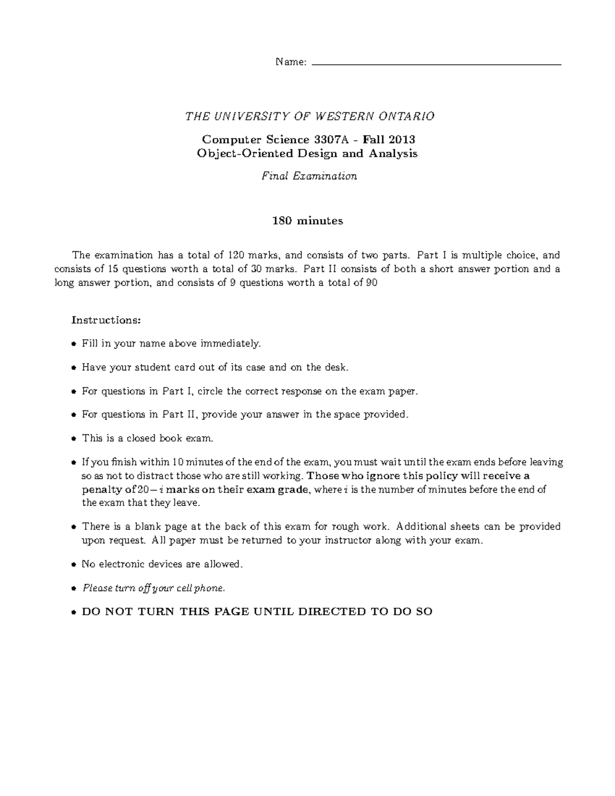 Final 2013 - Name: THE UNIVERSITY OF WESTERN ONTARIO Computer Science ...