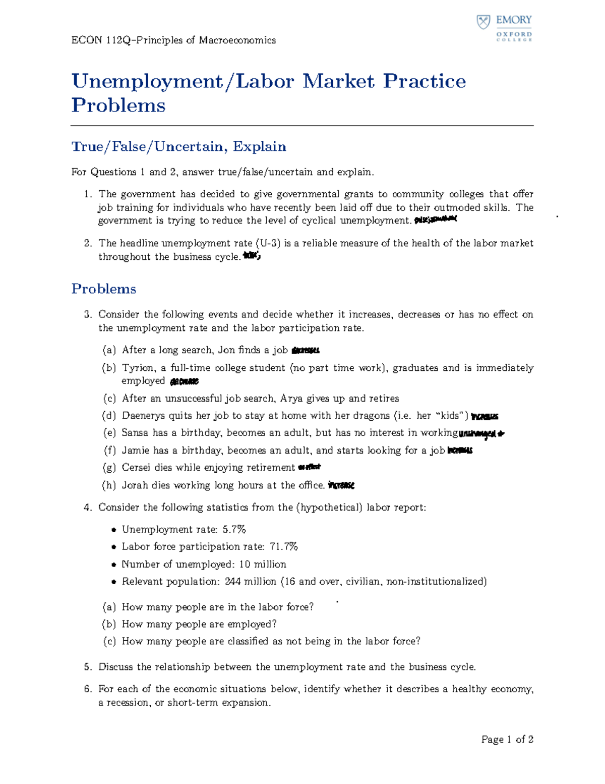 Labor Market Practice Problem - Unemployment/Labor Market Practice ...