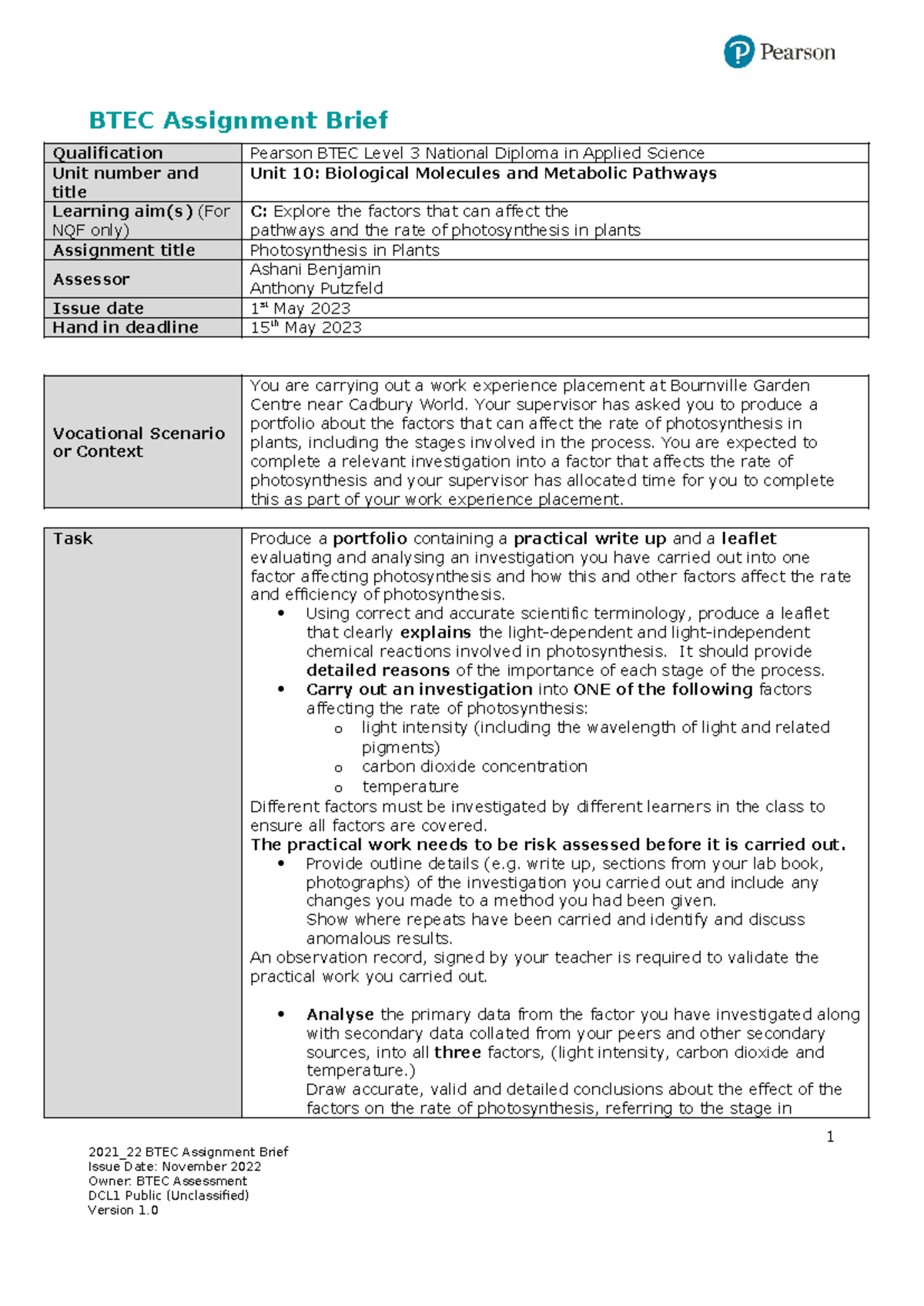 Unit 10 LAC Assignment Brief - BTEC Assignment Brief Qualification ...