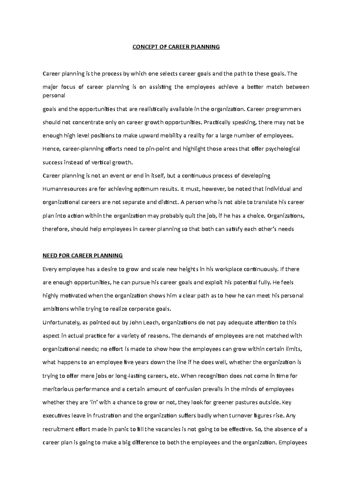 Hrm 05 - Lecture note - CONCEPT OF CAREER PLANNING Career planning is ...