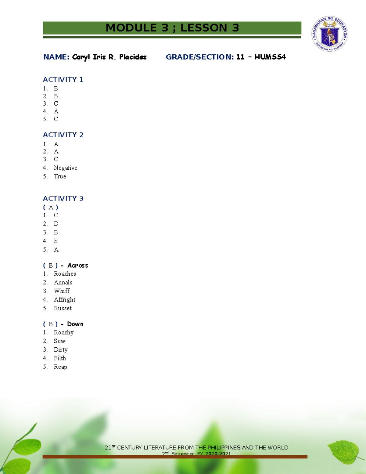 Placides - 21ST Century (M3 - L3) - MODULE 3 ; LESSON 3 NAME: Caryl ...