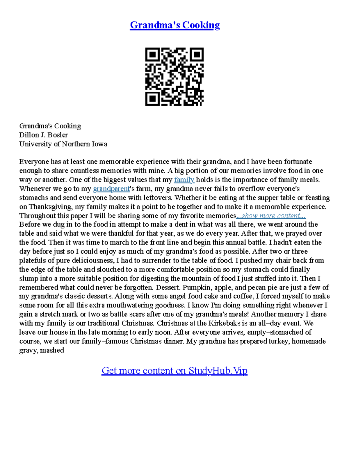 My Favorite Meal Essay - Grandma's Cooking Grandma's Cooking Dillon J ...