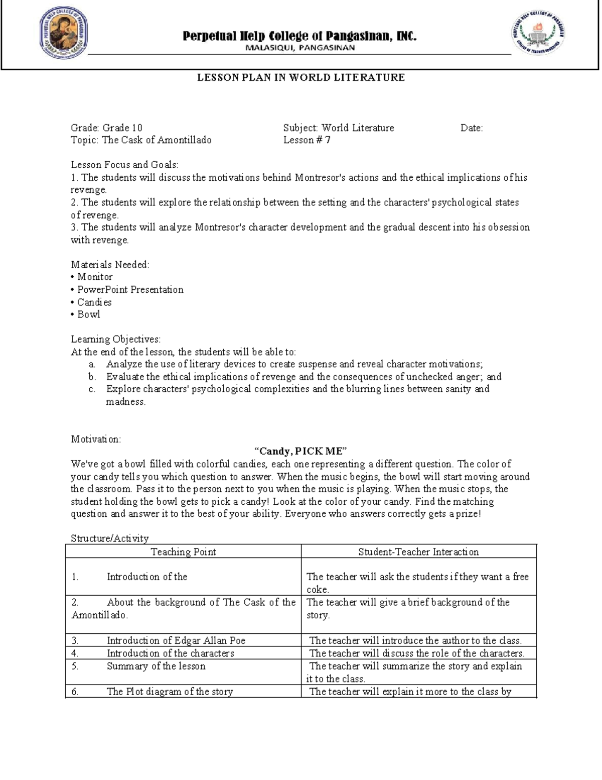 Lesson PLAN IN World Literature - LESSON PLAN IN WORLD LITERATURE Grade ...