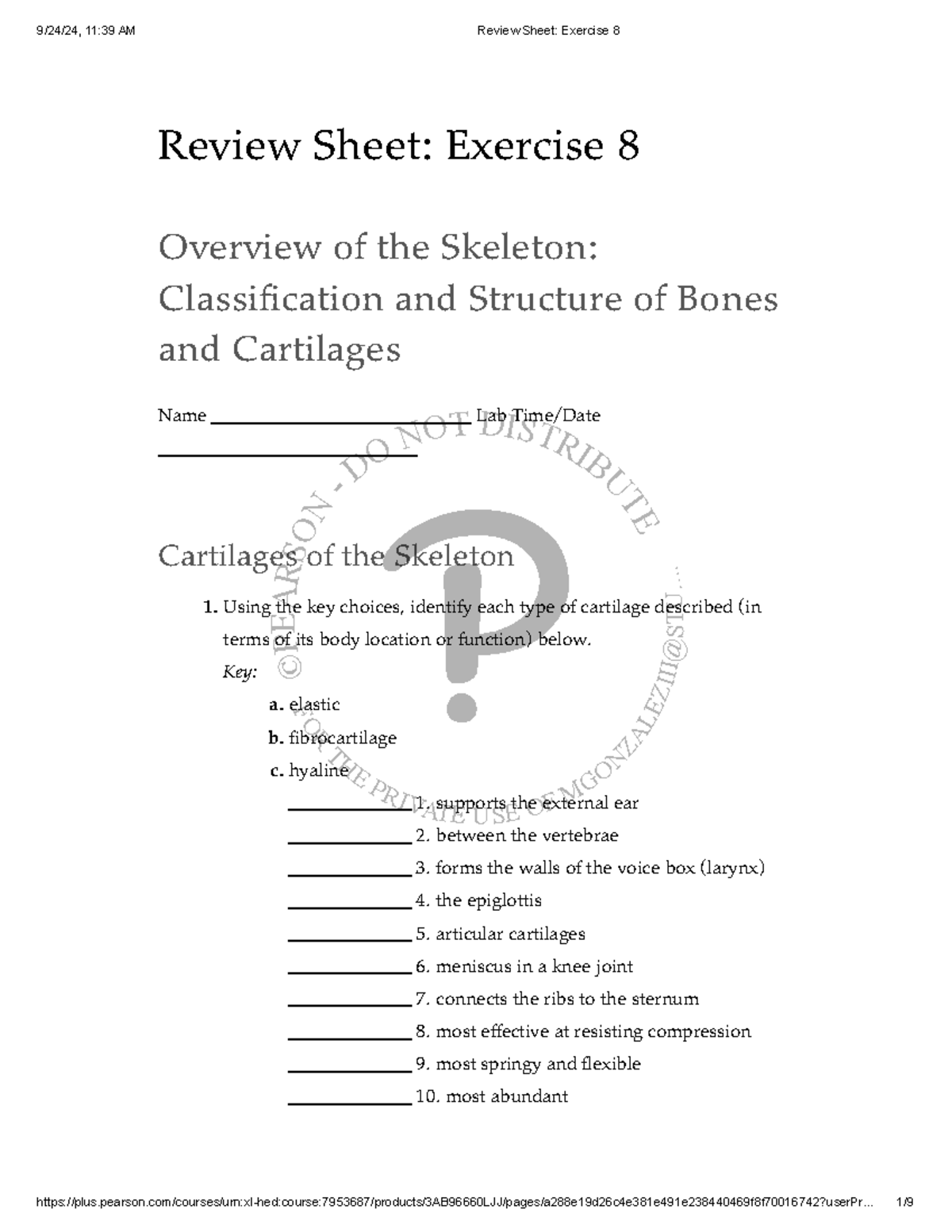 Review Sheet Exercise 8 - Using the key choices, identify each type of ...