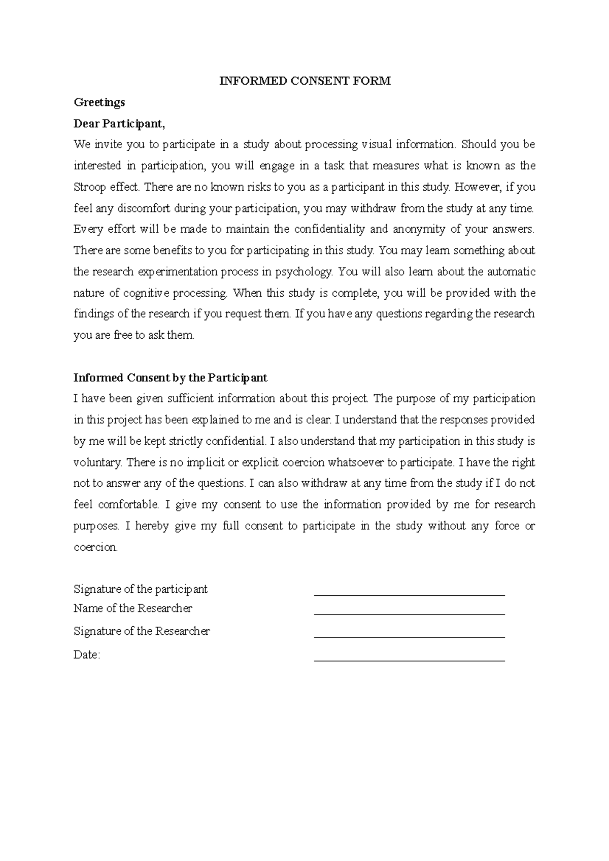 Informed Consent FORM - Notes - INFORMED CONSENT FORM Greetings Dear ...