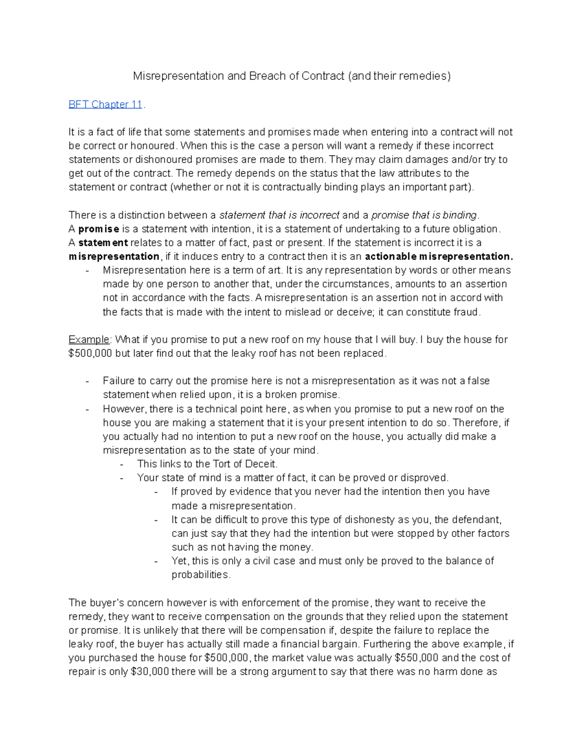 Misrepresentation and Breach of Contract (and their remedies) - It is a fact of life that some ...