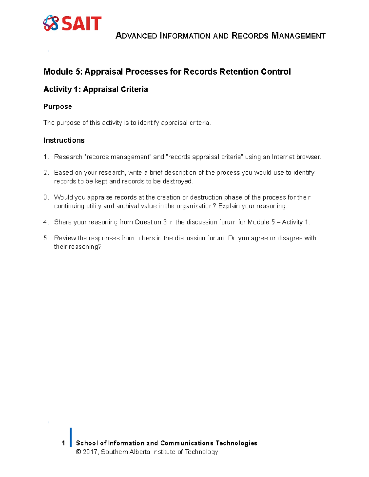 Activity 1 Appraisal Criteria - ADVANCED INFORMATION AND RECORDS ...