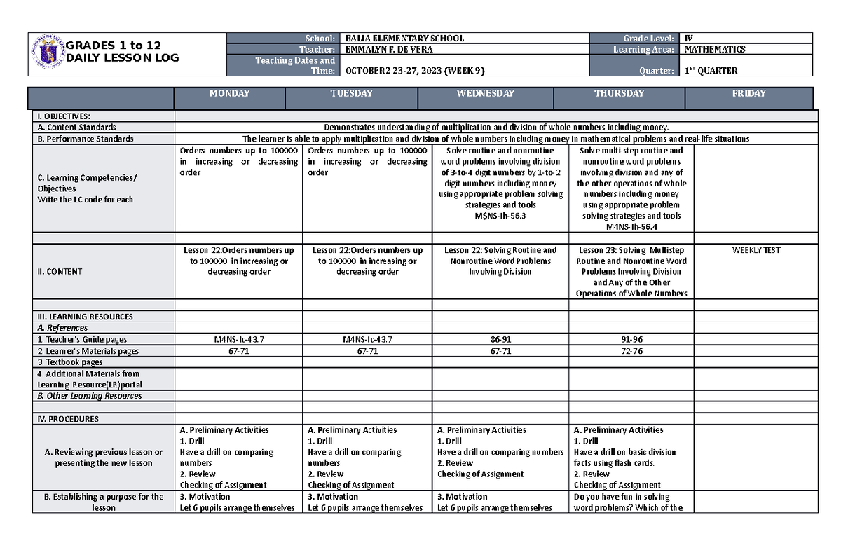 DLL Mathematics 4 Q1 W8 - idk what to do - GRADES 1 to 12 DAILY LESSON ...