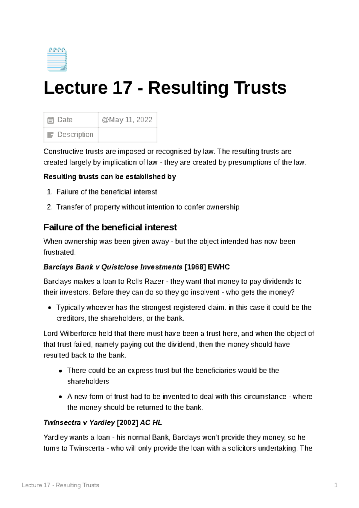Lecture 17 - Resulting Trusts - Lecture 17 - Resulting Trusts 1 🗒 ...