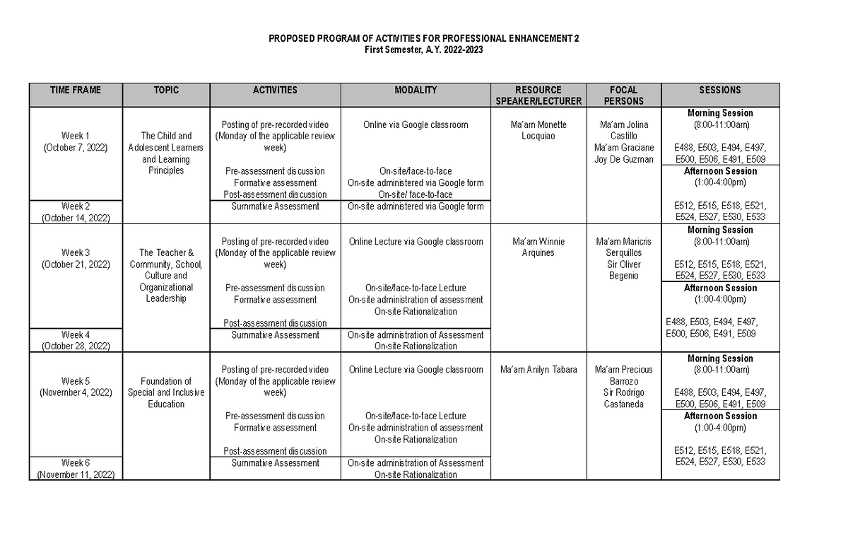 Program-of-actvities - First Semester, A. 2022- TIME FRAME TOPIC ...