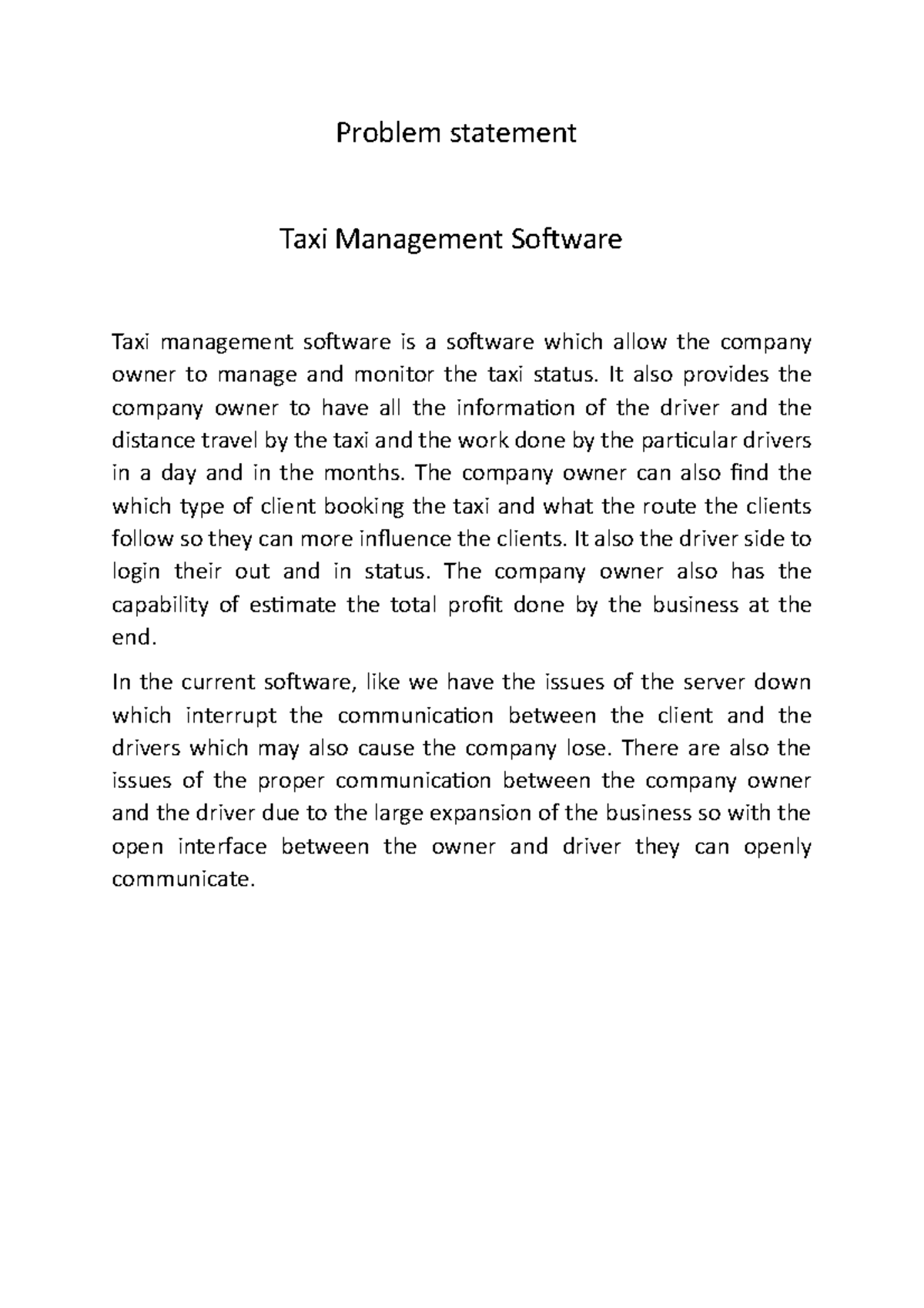 Problem statement - Problem statement Taxi Management Software Taxi ...