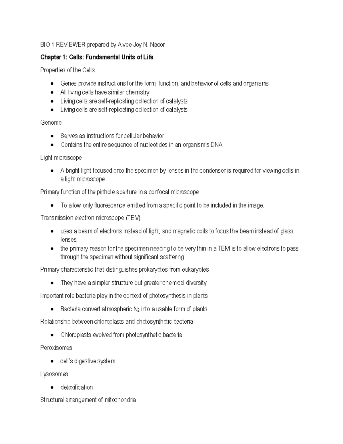 Reviewer for Biology - BIO 1 REVIEWER prepared by Aivee Joy N. Nacor ...