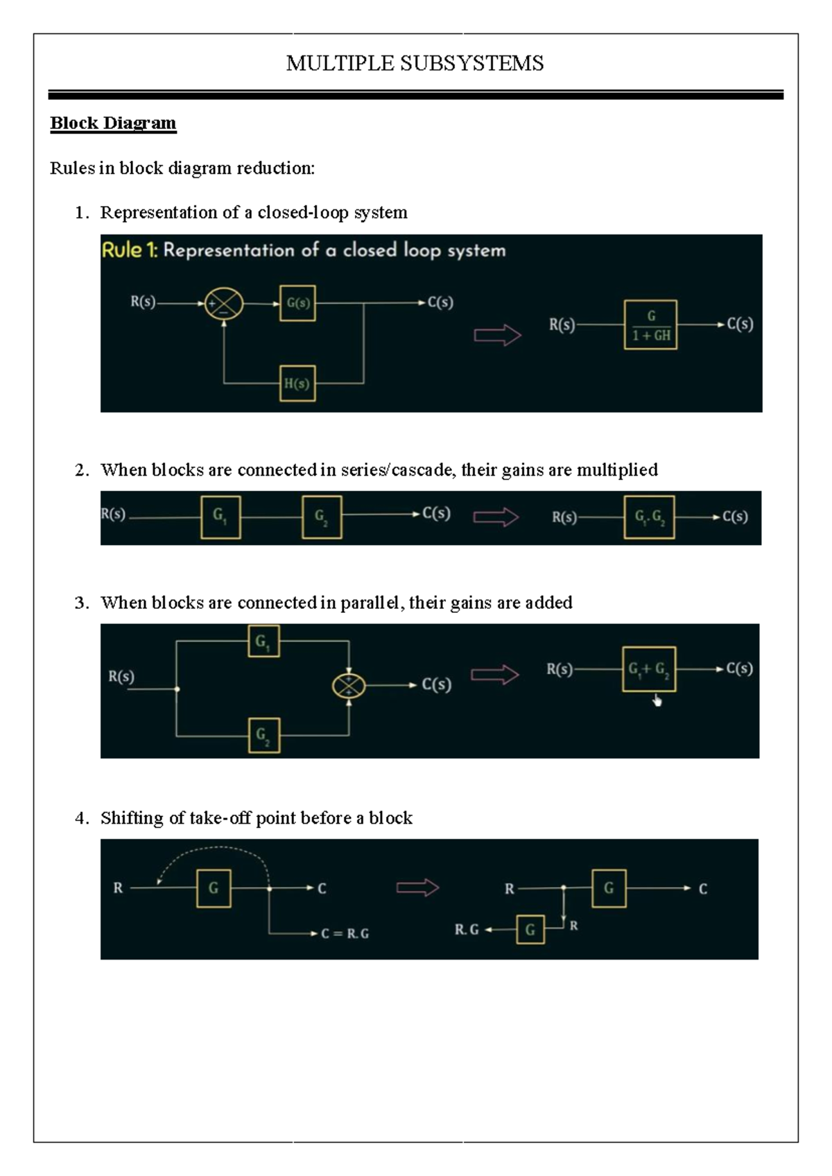 Multiple Subsystems - MULTIPLE SUBSYSTEMS Block Diagram Rules in block diagram reduction: 1 ...