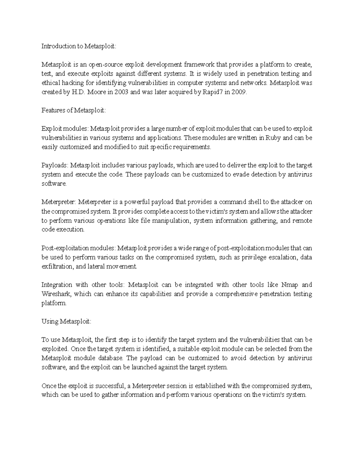 Introduction To Metasploit Introduction To Metasploit Metasploit Is An Open Source Exploit