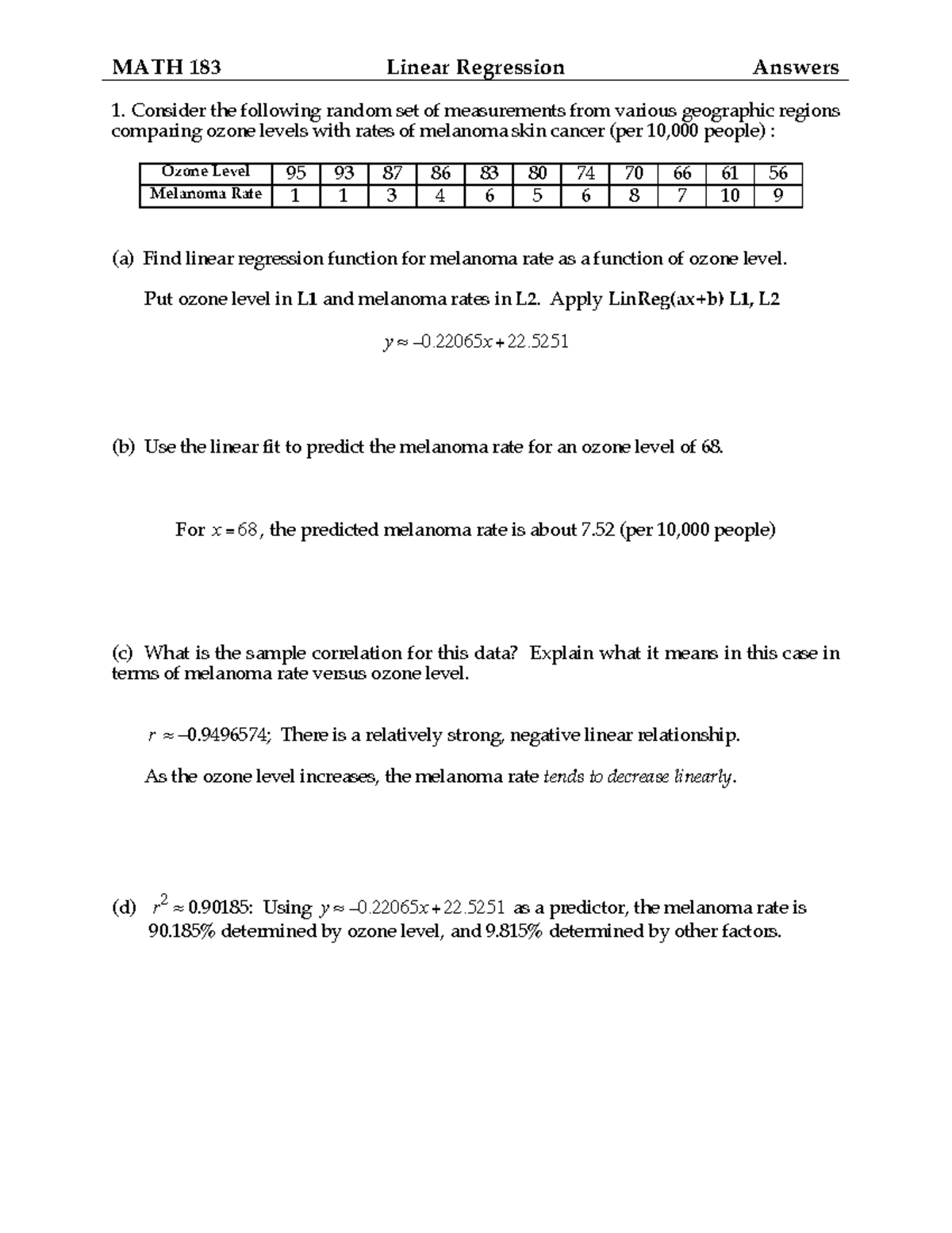 P19Soln - Lecture notes N/a - MATH 183 Linear Regression Answers 1 ...