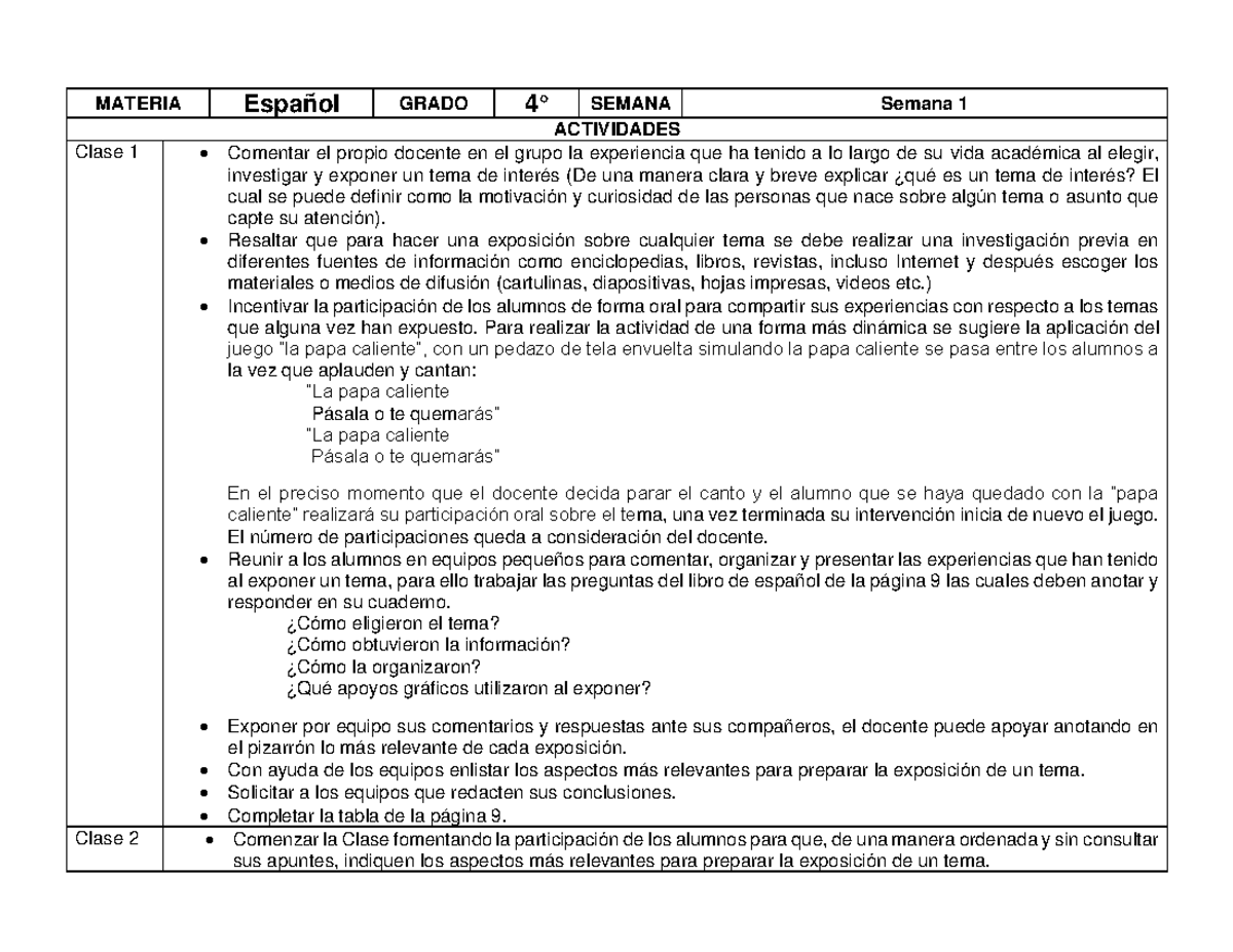 Planeaciones para Cuarto Grado - MATERIA Español GRADO 4° SEMANA Semana ...