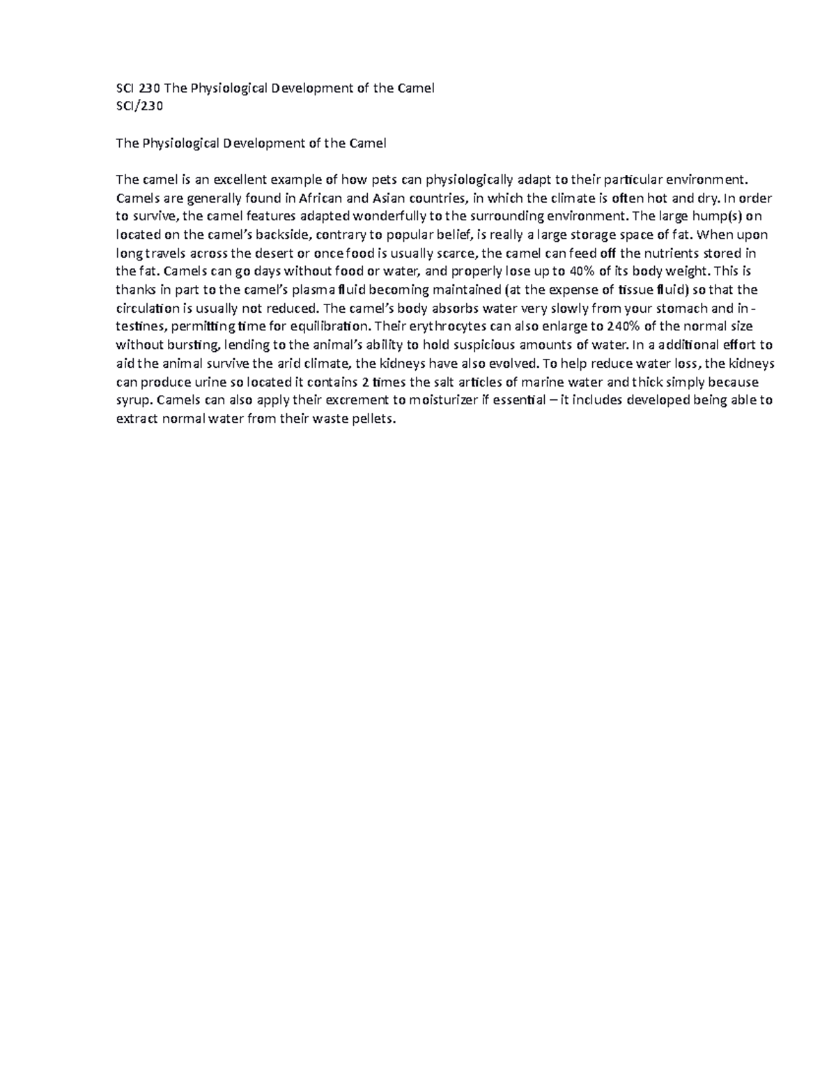 SCI 230 The Physiological Evolution Of The Camel 1 SCI 230 The
