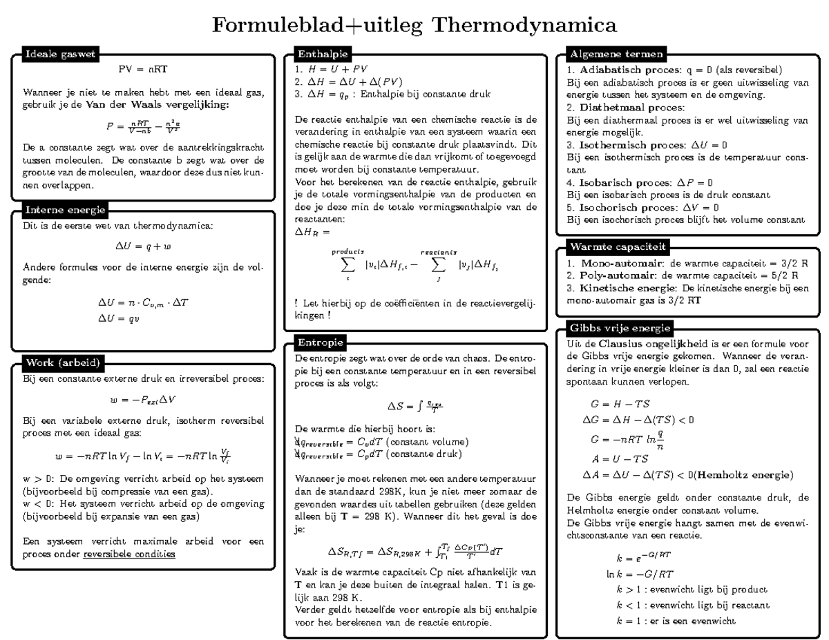 Thermodynamica formule blad uitleg - Formuleblad+uitleg Thermodynamica ...